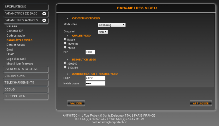 Configuration IPAC Video mode Streaming